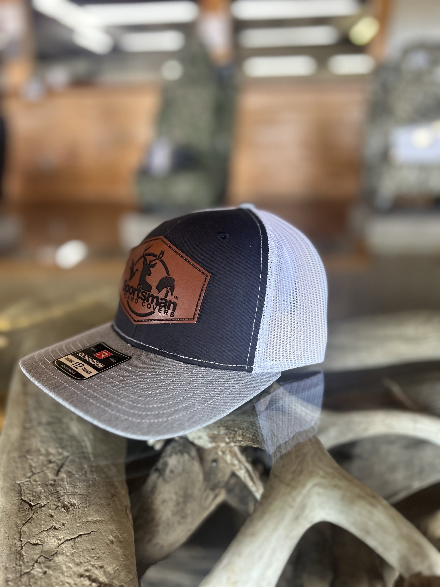 Black, White & Heather Gray Leather Patch Hat – Sportsman Camo Covers